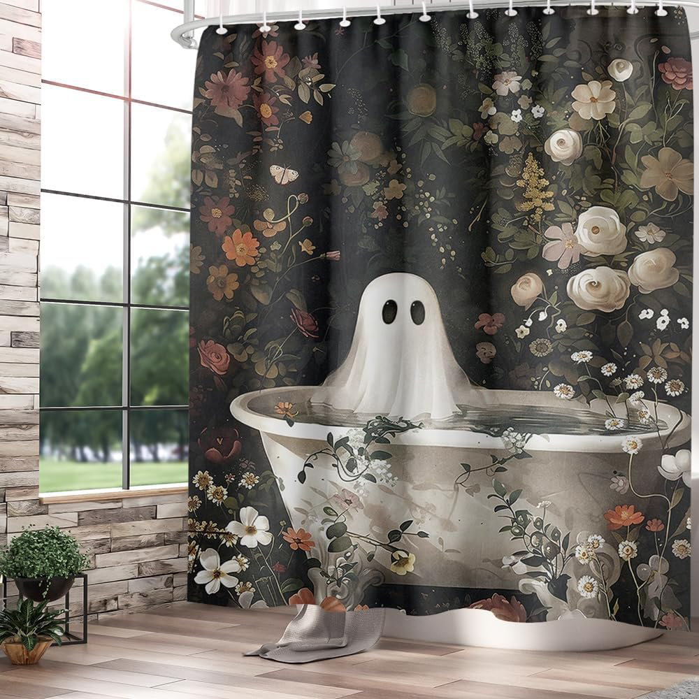The Holiday Aisle® Halloween Shower Curtain Ghost Takes A Bath Tub In Flower Forest Shower ...